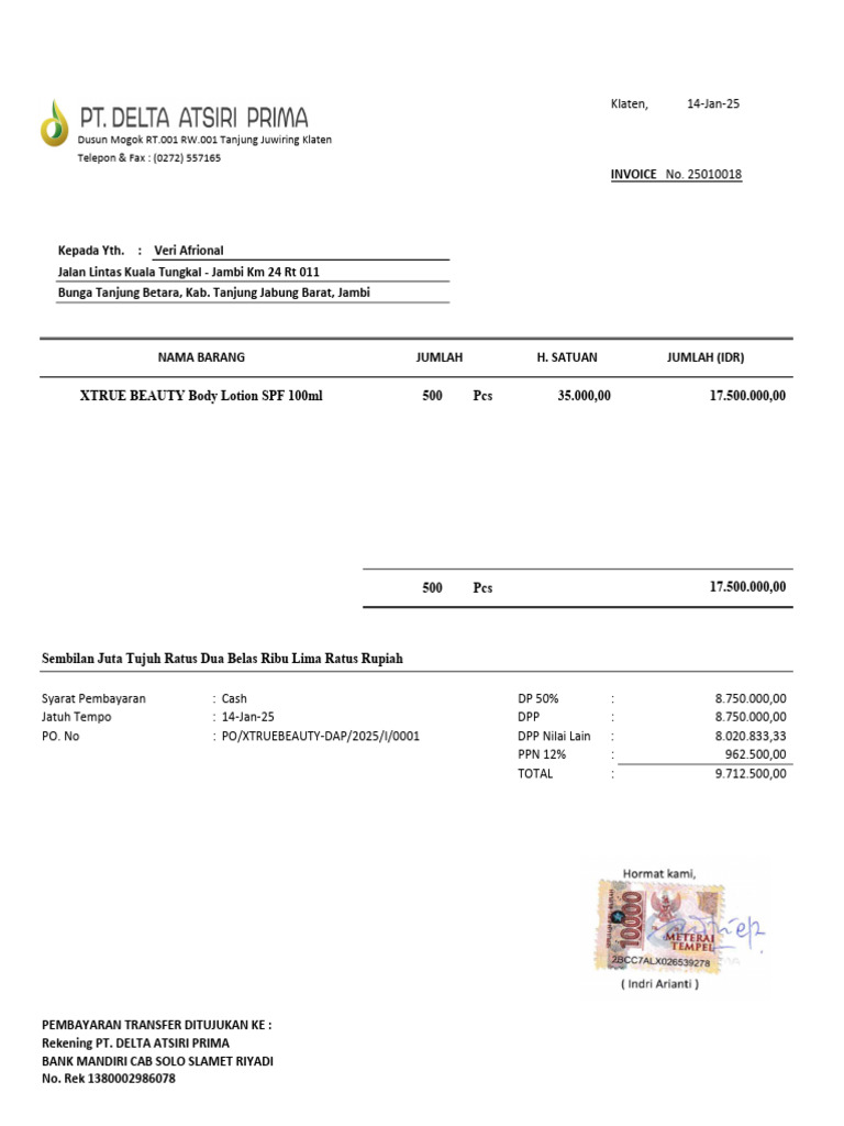 INVOICE No. 25010018 Veri Afrional Invoice DP | PDF