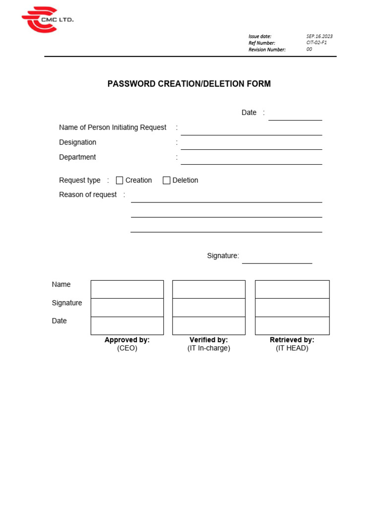 CIT-02-F1 Password Creation-Deletion Form | PDF