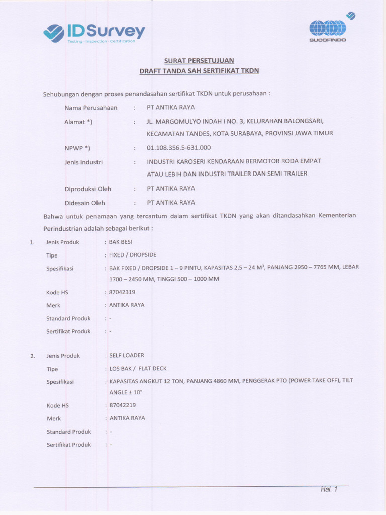 Draft Tanda Sah TKDN - 10 Produk PT Antika Raya | PDF
