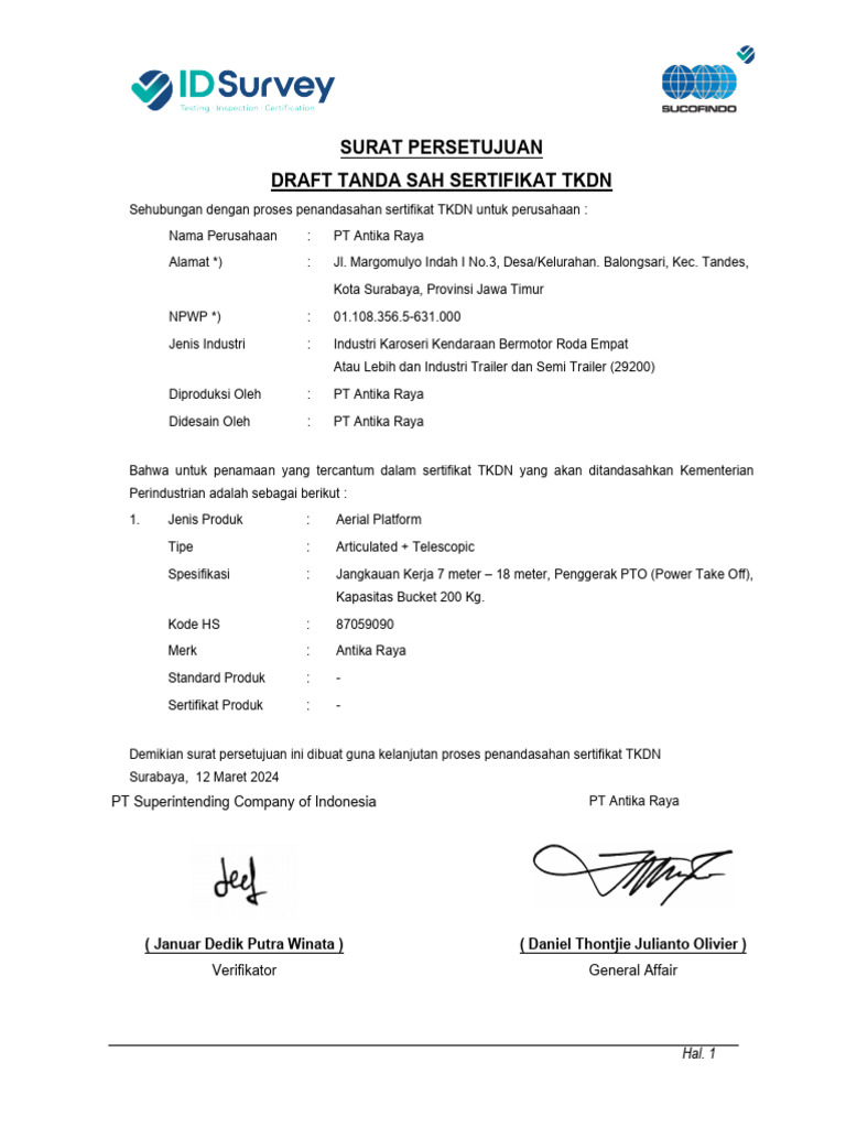 Draft Tanda Sah TKDN - Aerial Platform PT Antika Raya | PDF