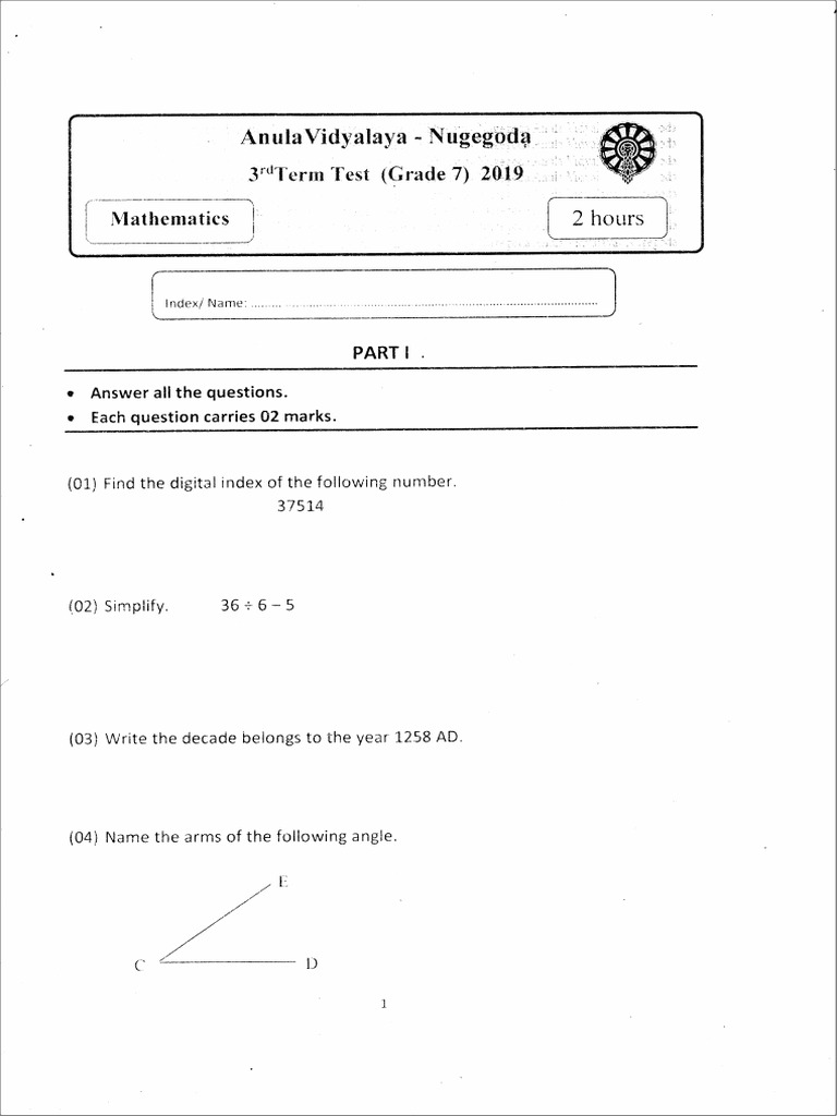 Grade 7 Math Test 2019 | PDF | Mathematics | Geometric Shapes