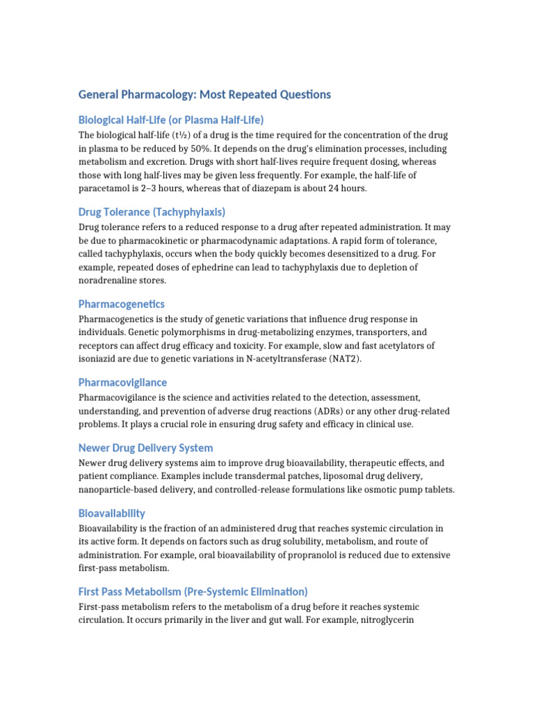 General Pharmacology Answers | PDF | Bioavailability | Pharmacology