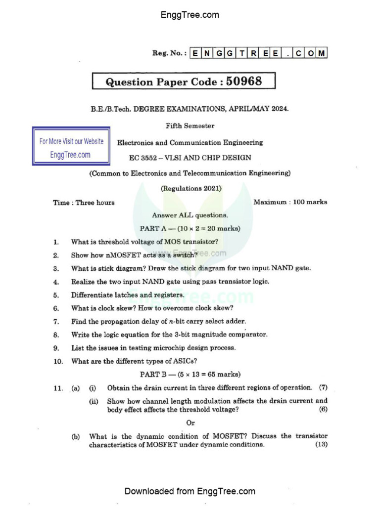 EC3552 VLSI and Chip Design Apr May 2024 Question Paper | PDF