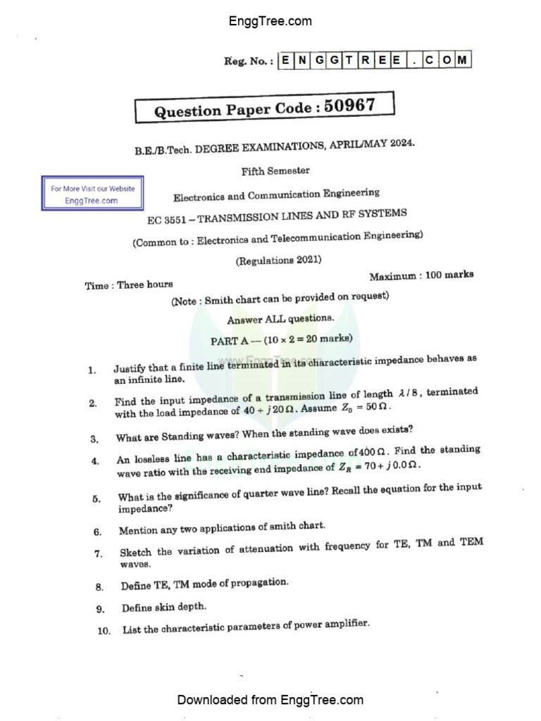 EC3551 Transmission Lines and RF Systems Apr May 2024 Question Paper | PDF
