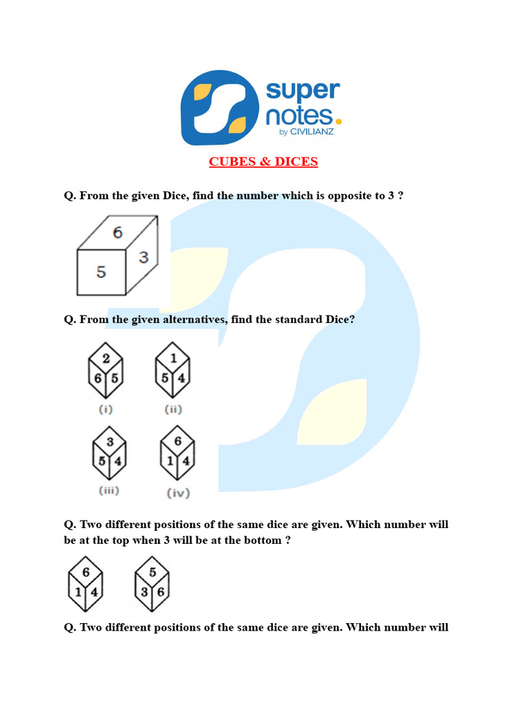 Dice and Cube Positioning Questions | PDF