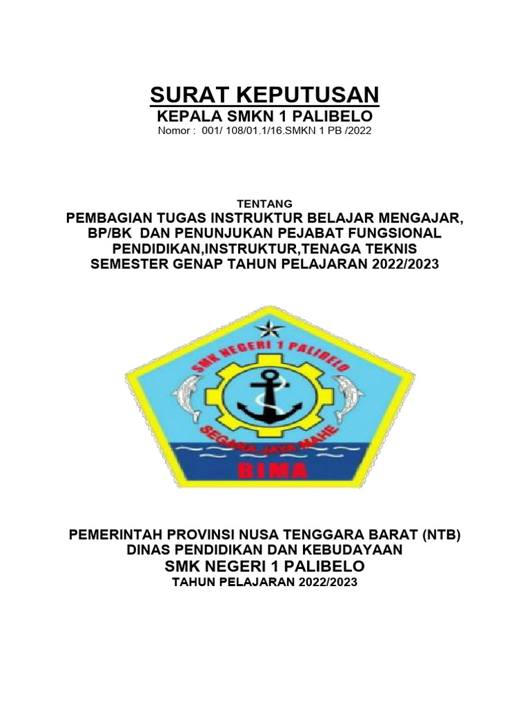SK Pembagian Tugas Semester Genap 2023 SMKN 1 Palibelo | PDF