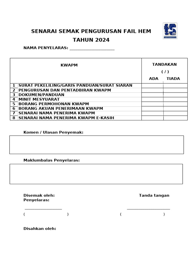 Senarai Semak Pengurusan Fail HEM 2024 | PDF