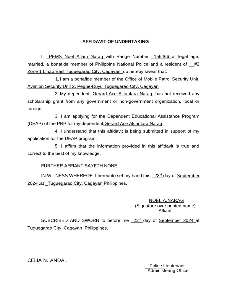 Affidavit for PNP DEAP Application | PDF