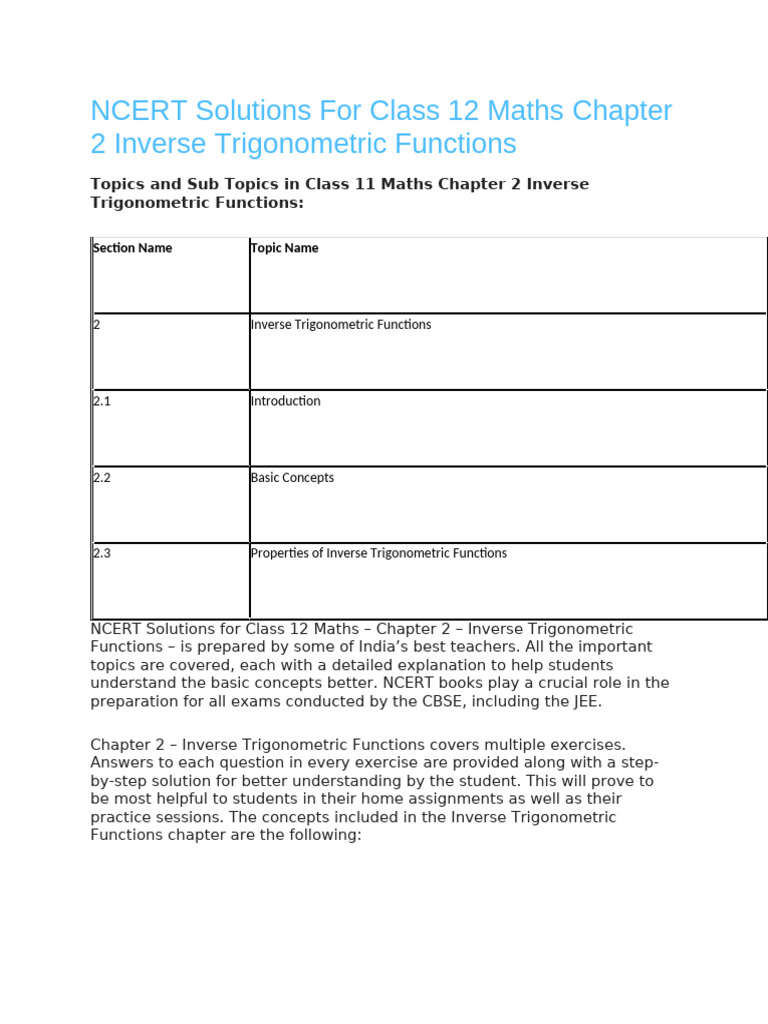 Class 11 Trignometry Inverse Functions Cbsemaths Solutions | PDF