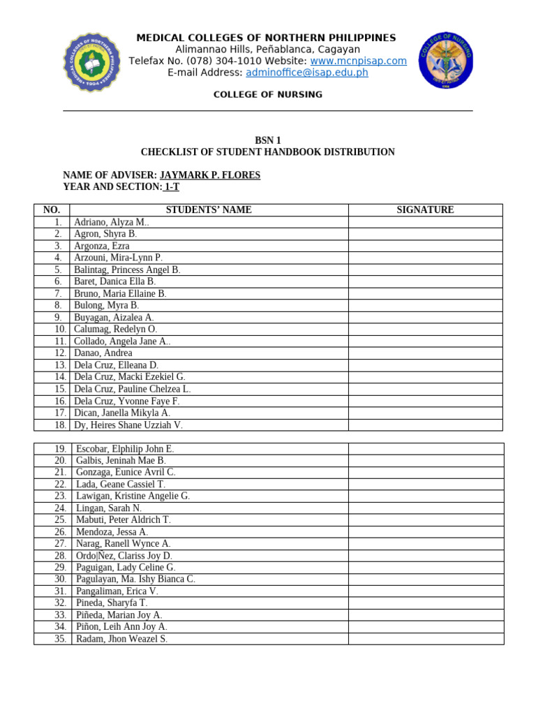 Checklist Student Handbook Distribution | PDF