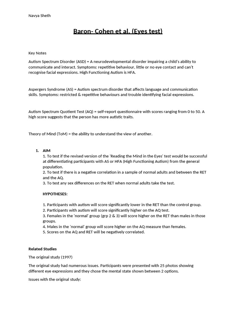 Baron - Cohen Et Al. Eyes Test | PDF | Autism | Validity (Statistics)