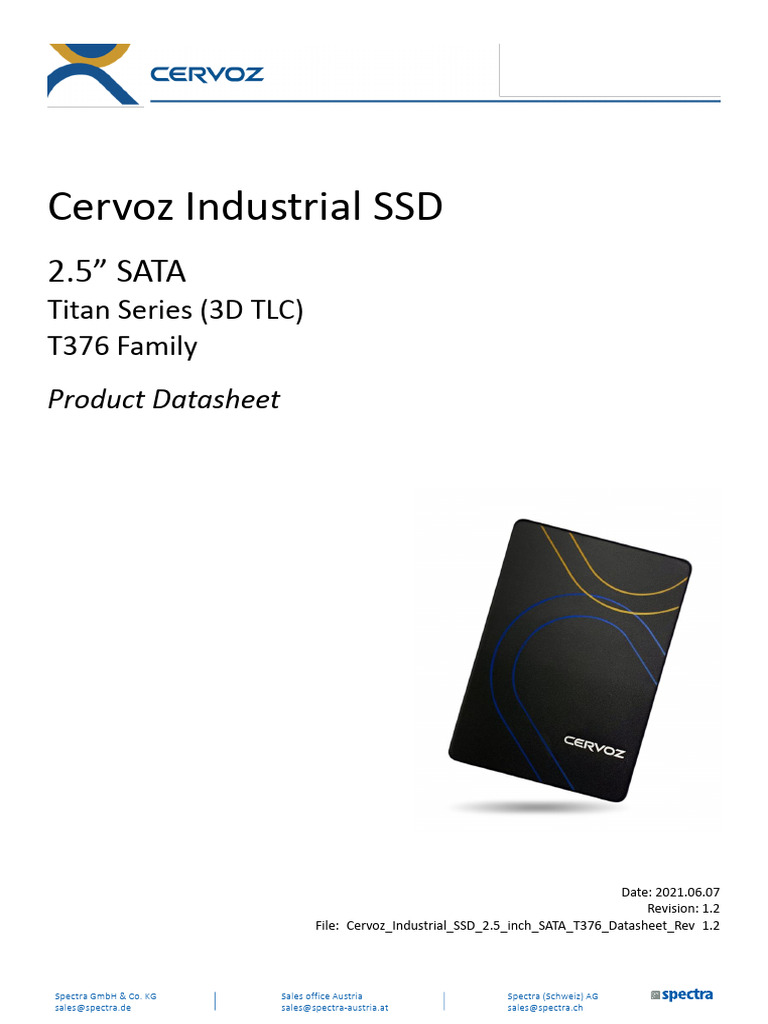 Datasheet Cervoz Industrial SSD 2.5 Inch SATA T376 | PDF | Solid State Drive | Flash Memory