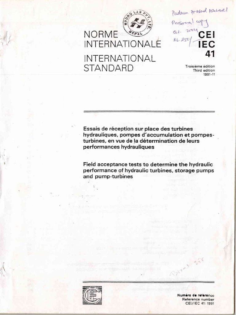 Iec 60041 - Field Acceptance Tests for Hydraulic Turbines | PDF