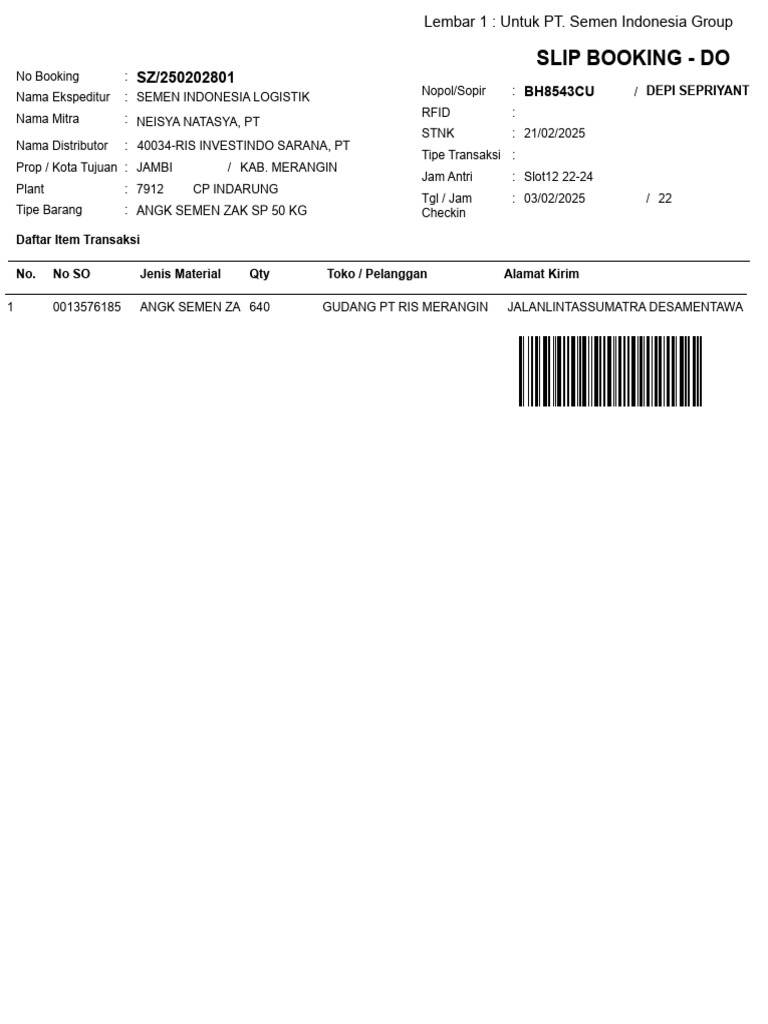 Slip Booking PT Ris Investindo Sarana | PDF