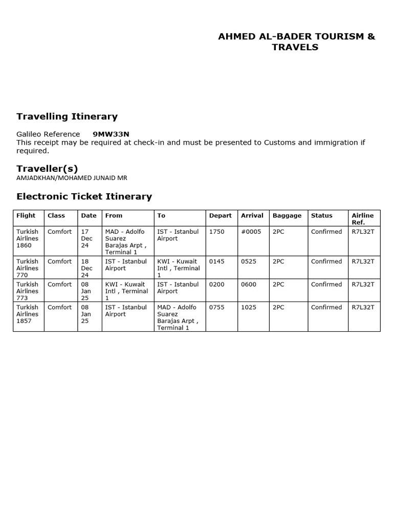 Travel Itinerary for Turkish Airlines | PDF