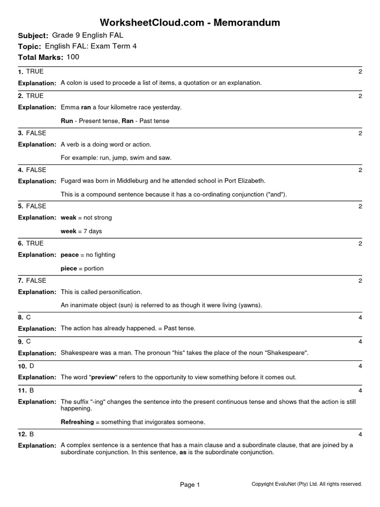 G9 English FAL Term 4 Exam MEMO | PDF | Syntax | Grammar