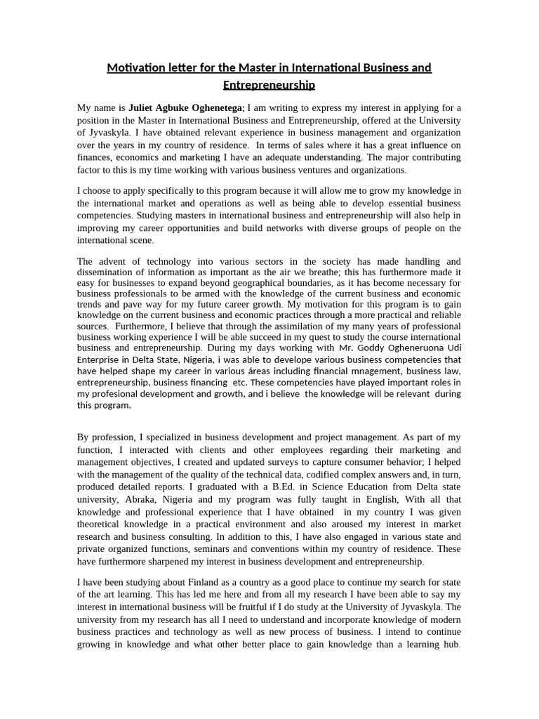 Motivation Letter for Master's Program | PDF | Entrepreneurship | Knowledge