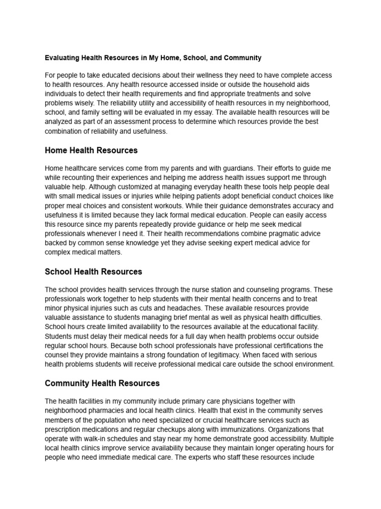 Evaluating Health Resources in My Home, School, and Community | PDF ...