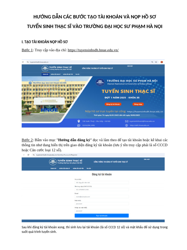 HD Tao Tai Khoan Va Nop Ho So Thac Si - Truong DHSP Ha Noi | PDF