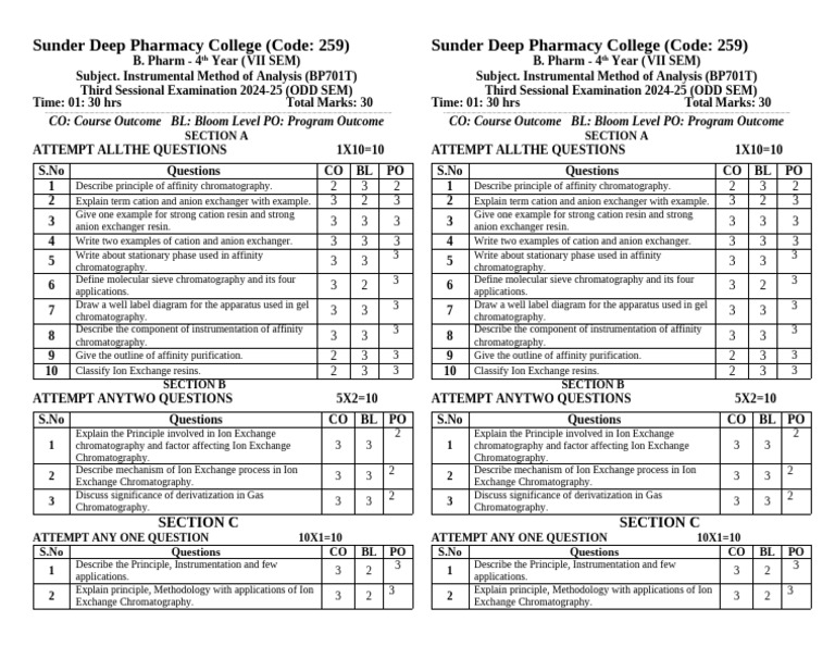3rd Sem. CT IMA Question Paper | PDF | Chromatography | Ion Exchange
