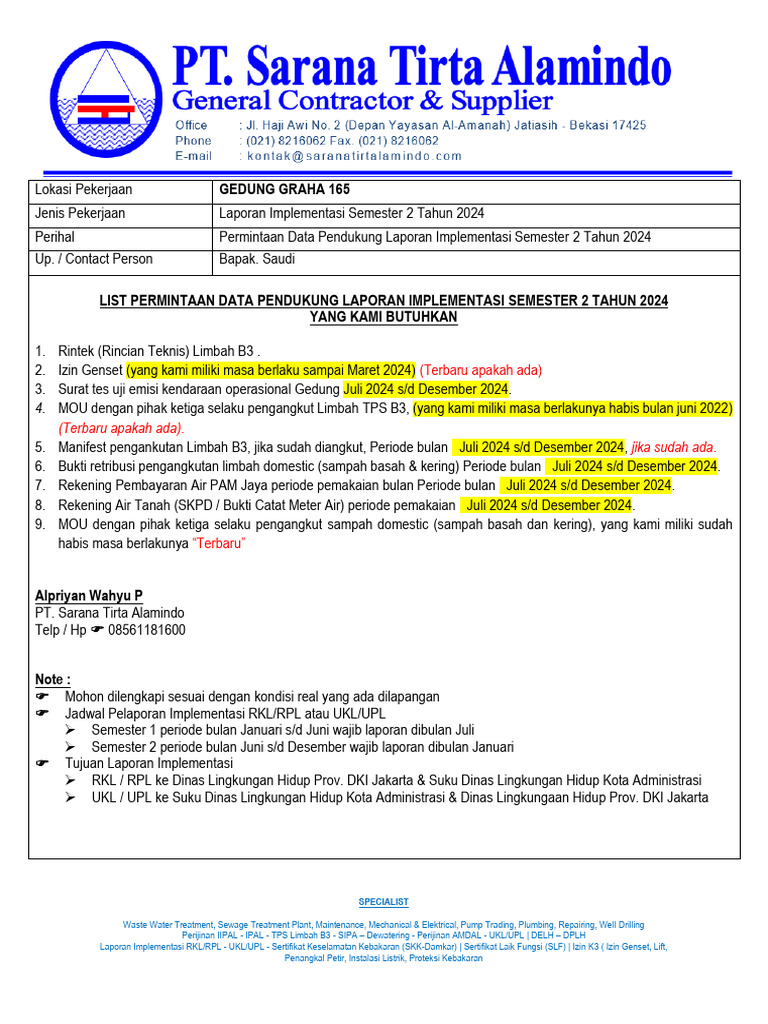 Surat Permintaan Data Pendukung RKLRPL SM 2 2024 Graha 165 | PDF