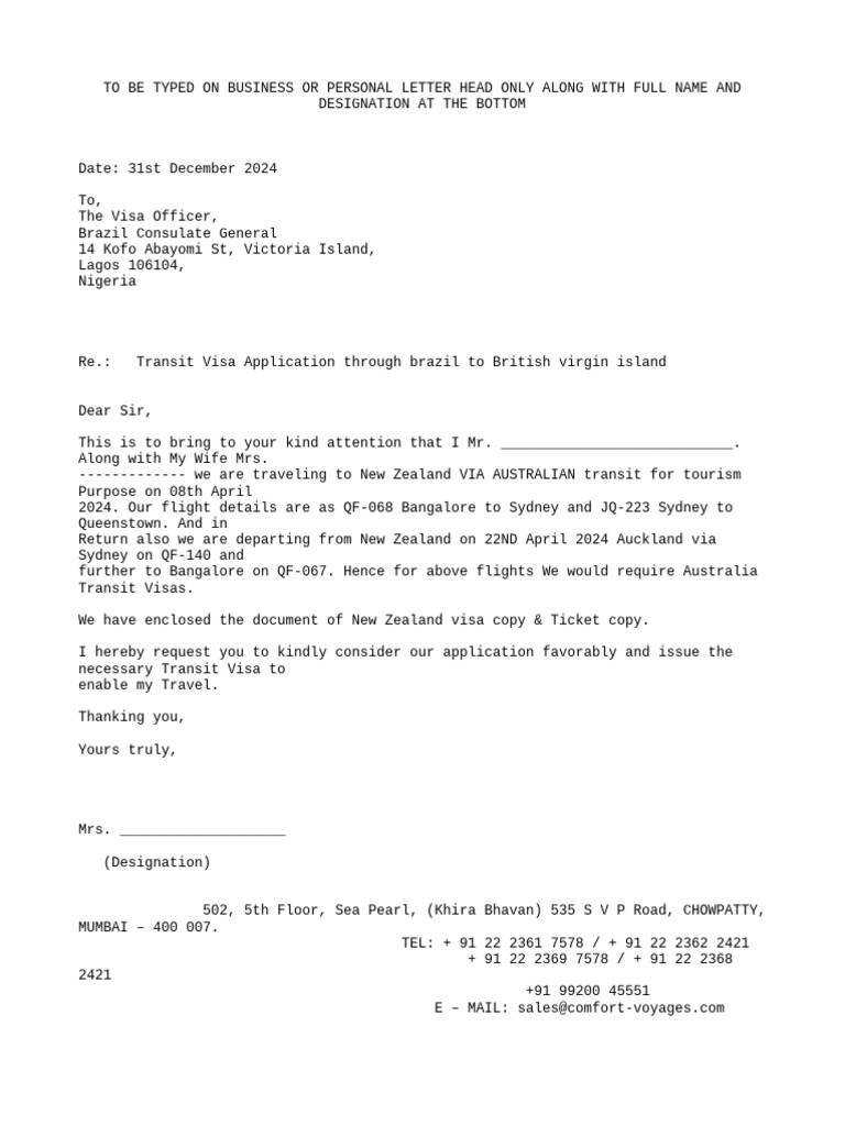 Transit Visa Letter | PDF