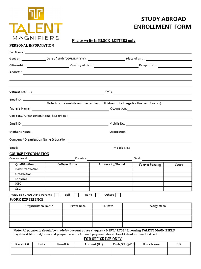 Study Abroad Enrollment Form TM | PDF | Payments | Travel Visa