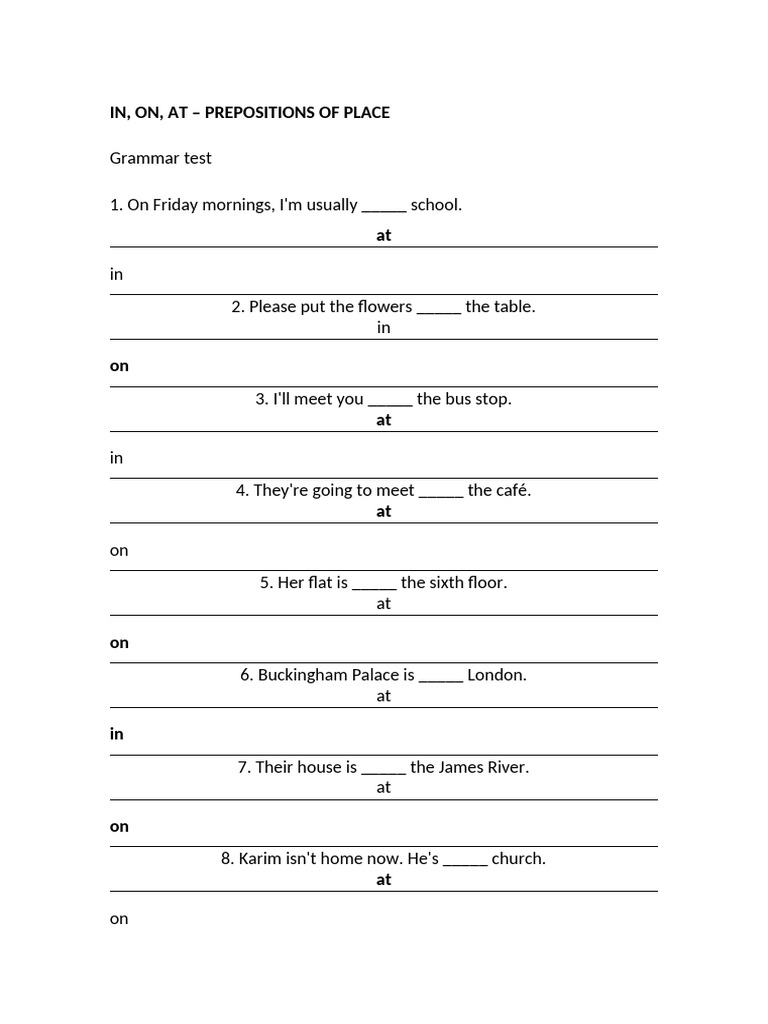 Prepositions of Place Answers | PDF