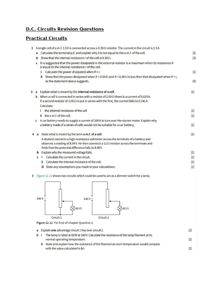 D.C. Circuits Revision Questions | PDF