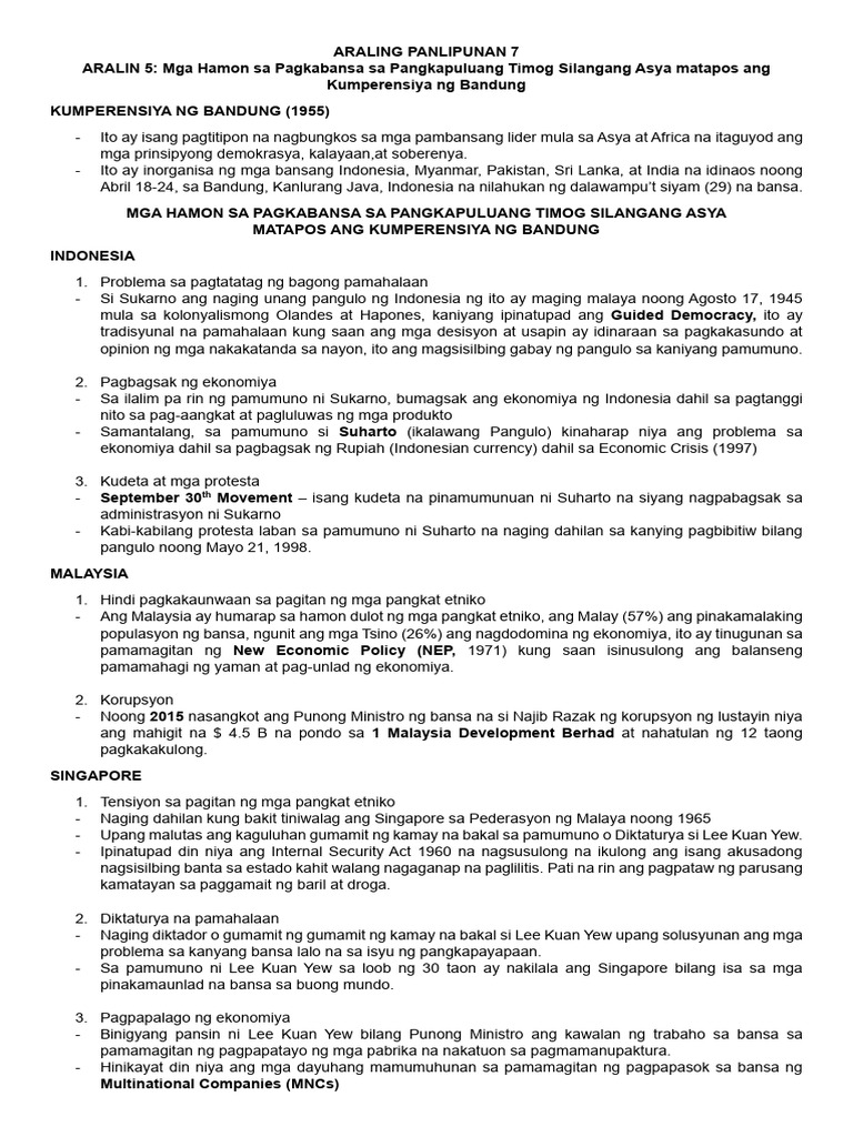 LESSON OUTLINE Aralin V Mga Hamon Sa Pagkabansa NG Pangkapuluang Timog Silangang Asya | PDF