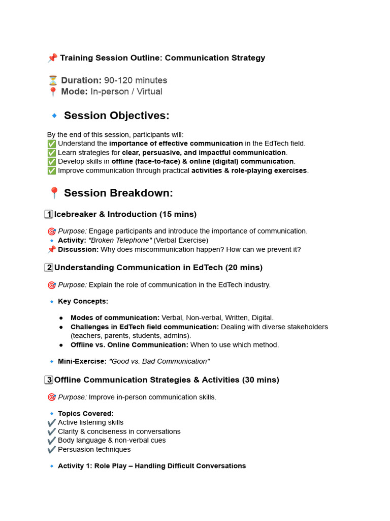 ? Training Session Outline_ Communication Strategy for EdTech Field Employees | PDF