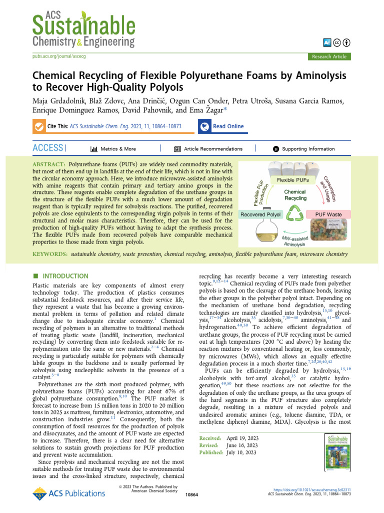 Grdadolnik Et Al 2023 Chemical Recycling of Flexible Polyurethane Foams ...