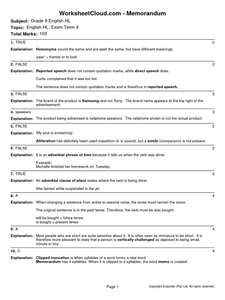 G9 English HL Term 4 Exam MEMO | PDF | Verb | Linguistics