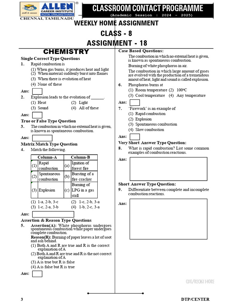 Week-18 - Class-8 - Home Assign - 24-25 - Chemistry | PDF | Combustion | Explosion
