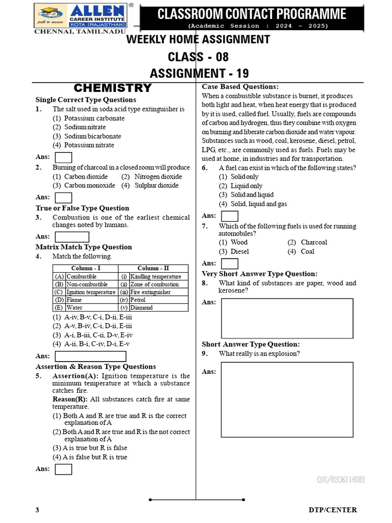 Week-19 - Class-8 - Home Assign - 24-25 - Chemistry | PDF | Fuels | Combustion