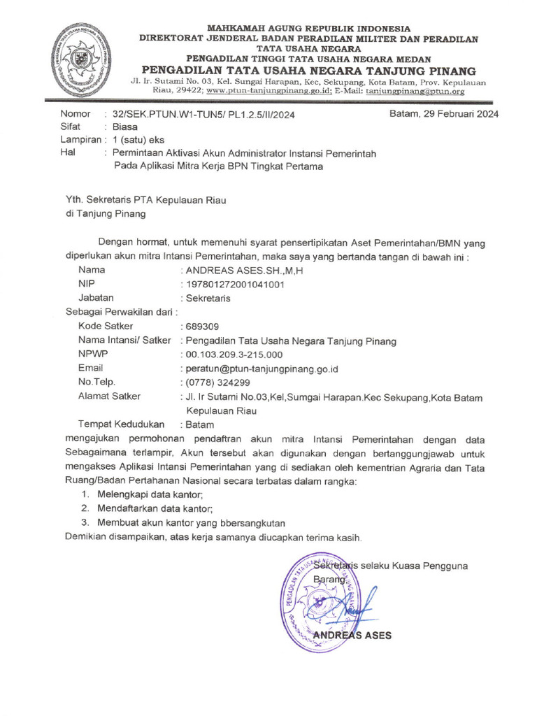 Permohonan Aktivasi Akun BPN | PDF