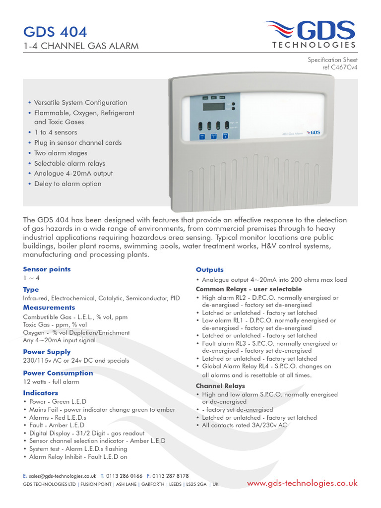 GDS 404 Gas Alarm Specification Sheet | PDF | Equipment | Manufactured ...