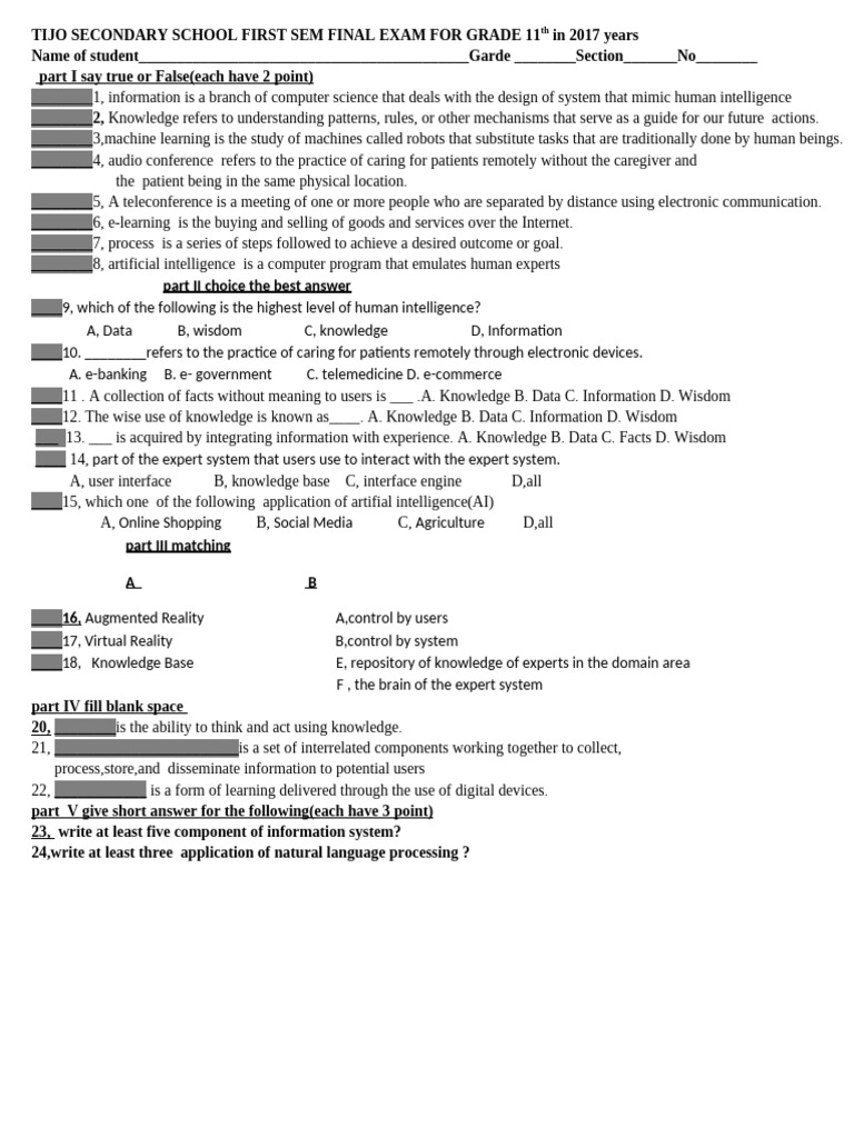 Grade 11 Final Exam 2017 Overview | PDF | Information | System