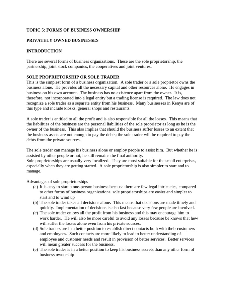 Topic 5-Forms of Business Ownership | PDF | Partnership | Sole ...