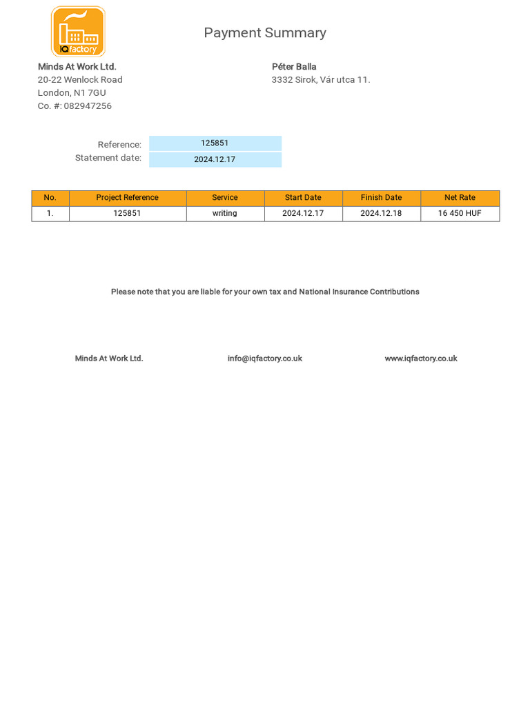 Payment Summary: 20-22 Wenlock Road London, N1 7GU Co. #: 082947256 3332 Sirok, Vár Utca 11 | PDF