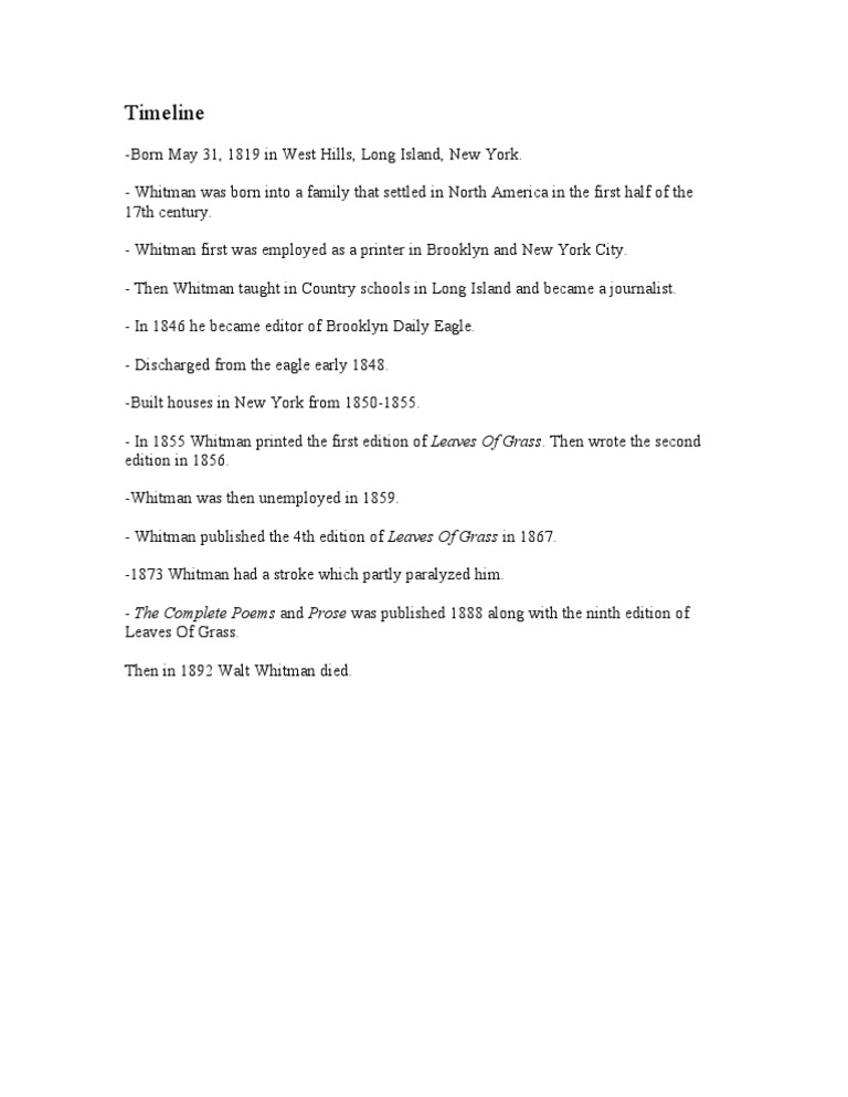 Walt Whitman: Life Timeline Overview | PDF | History | Classics
