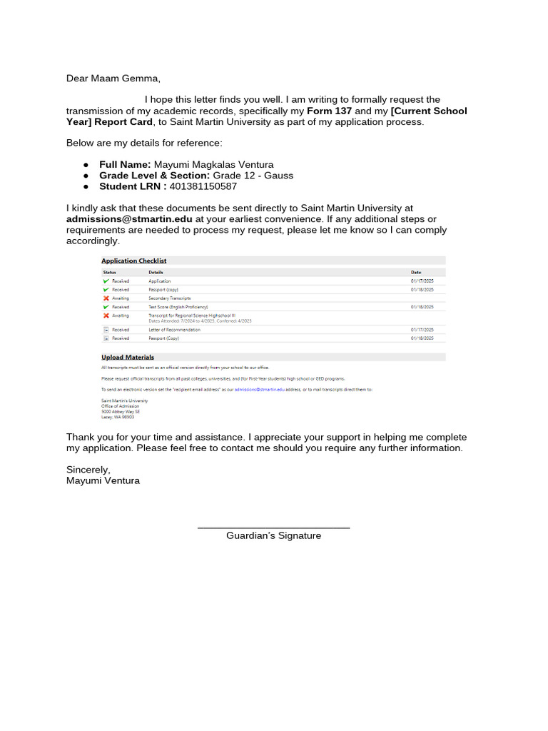 Request for Sending of Transcripts (Form 137 and Report Card) | PDF