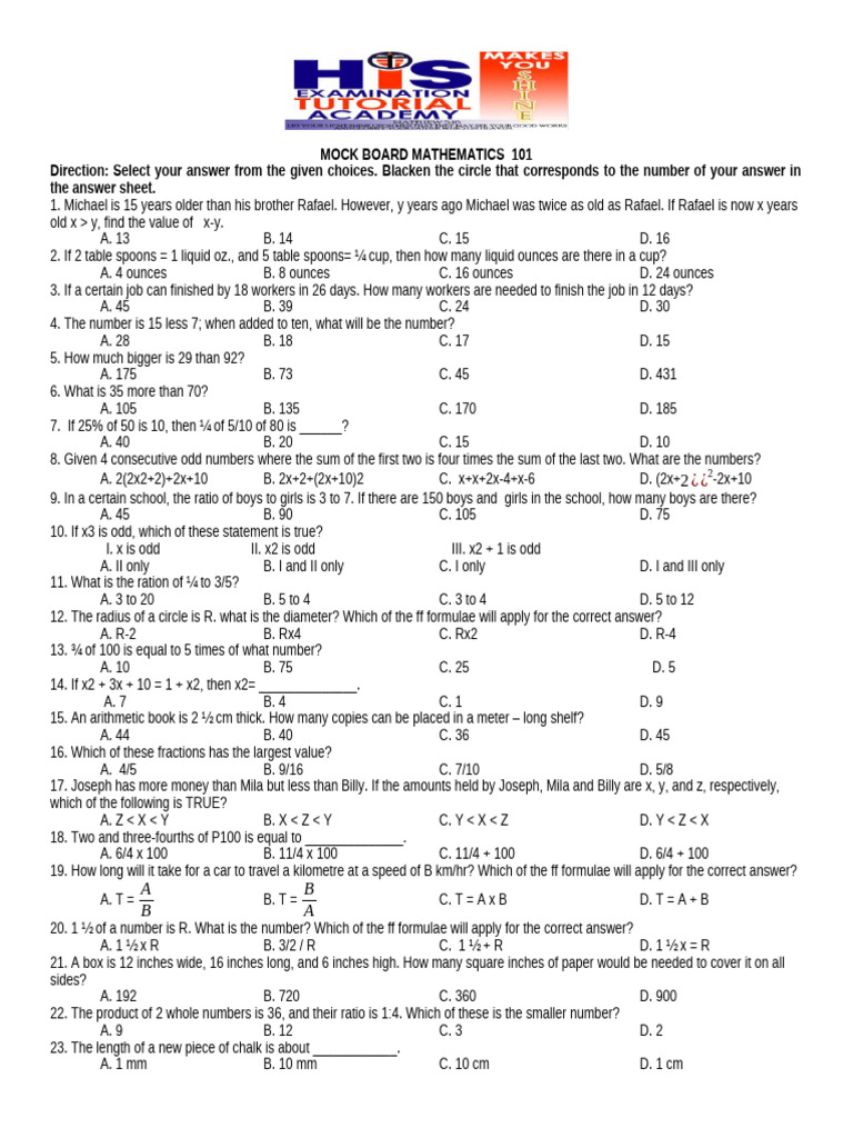 Mock Board Mathematics 101 | PDF | Mathematical Concepts | Elementary ...