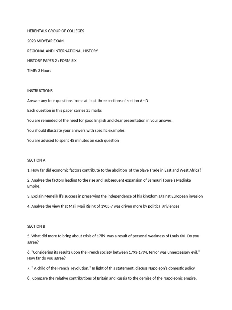 Form Six History Midyear Exam 2023 | PDF