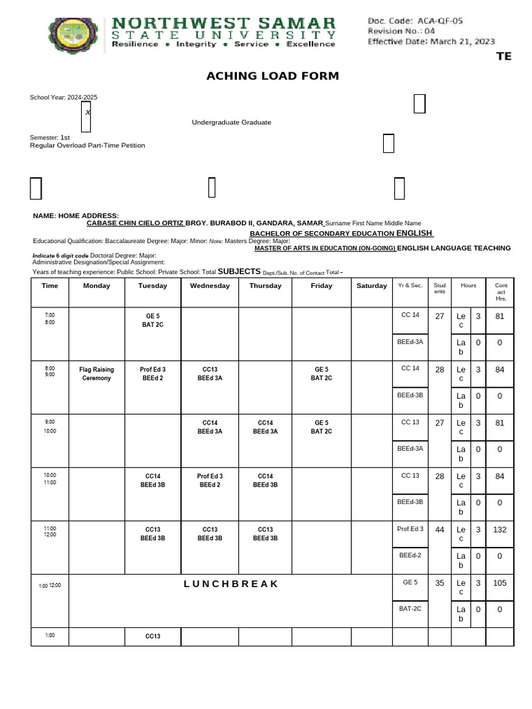 Teaching Load Form 2024-2025 | PDF | Vocational Education | Qualifications