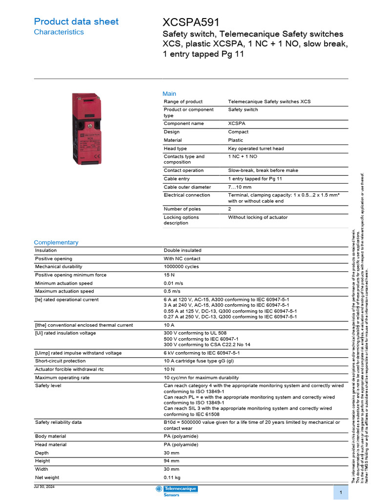XCSPA591_EN | PDF | Switch | International Electrotechnical Commission