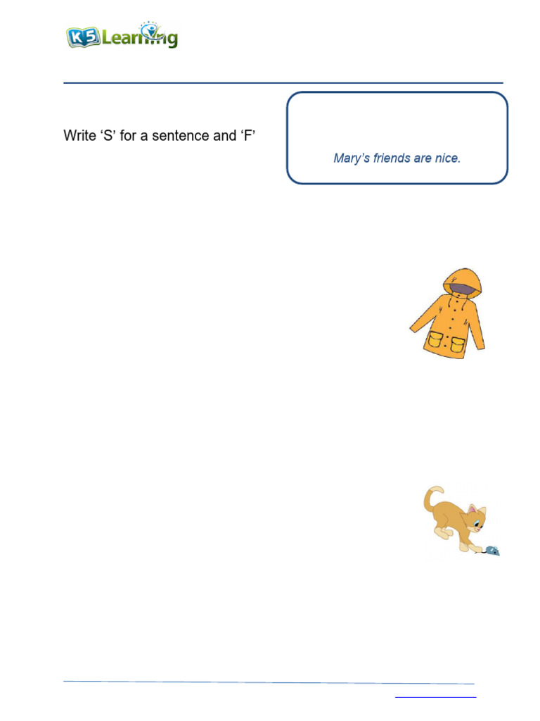 Grade 1 Sentence vs Fragment Worksheet | PDF