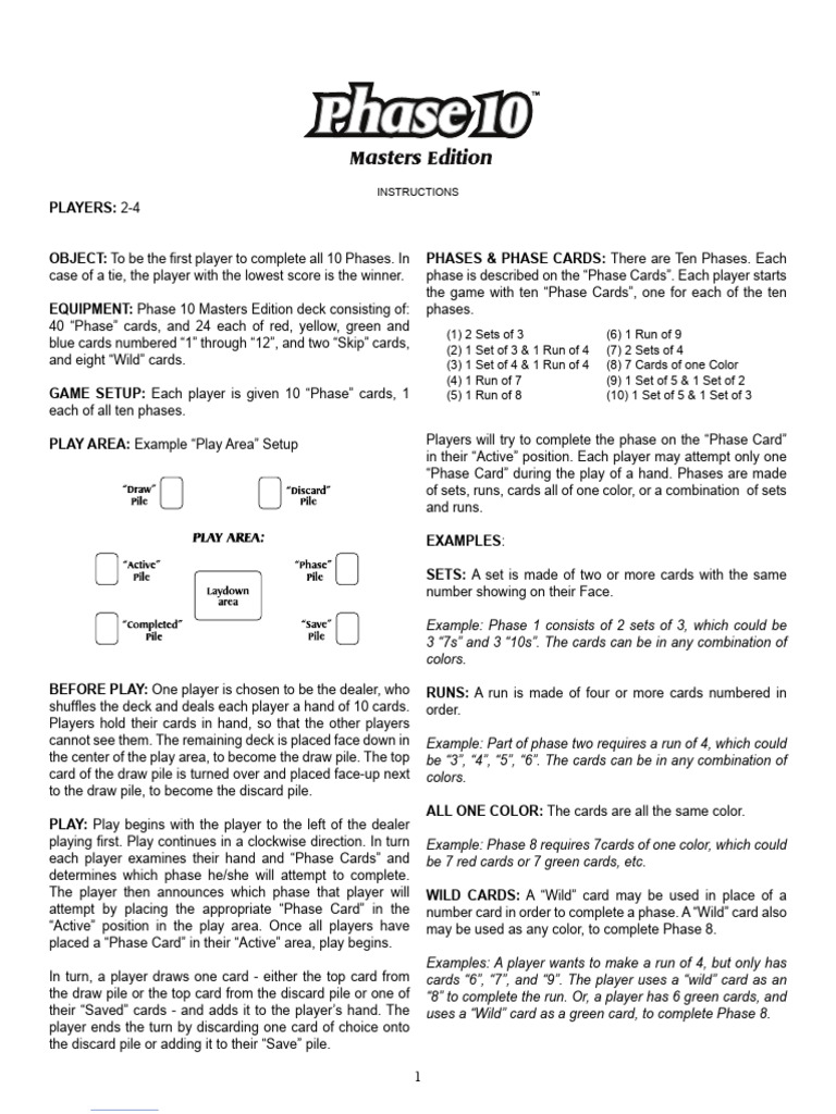 Phase 10 Masters Edition Instructions | PDF | Card Games | Ephemera