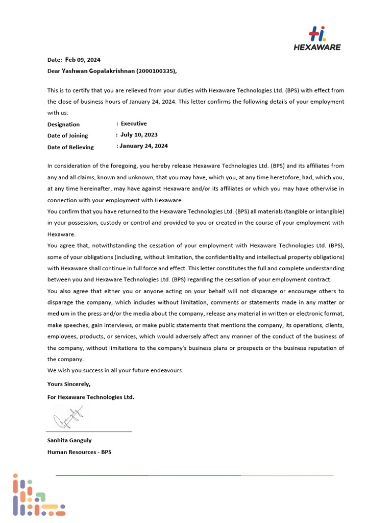 Hexaware Experience and Relieving Letter | PDF