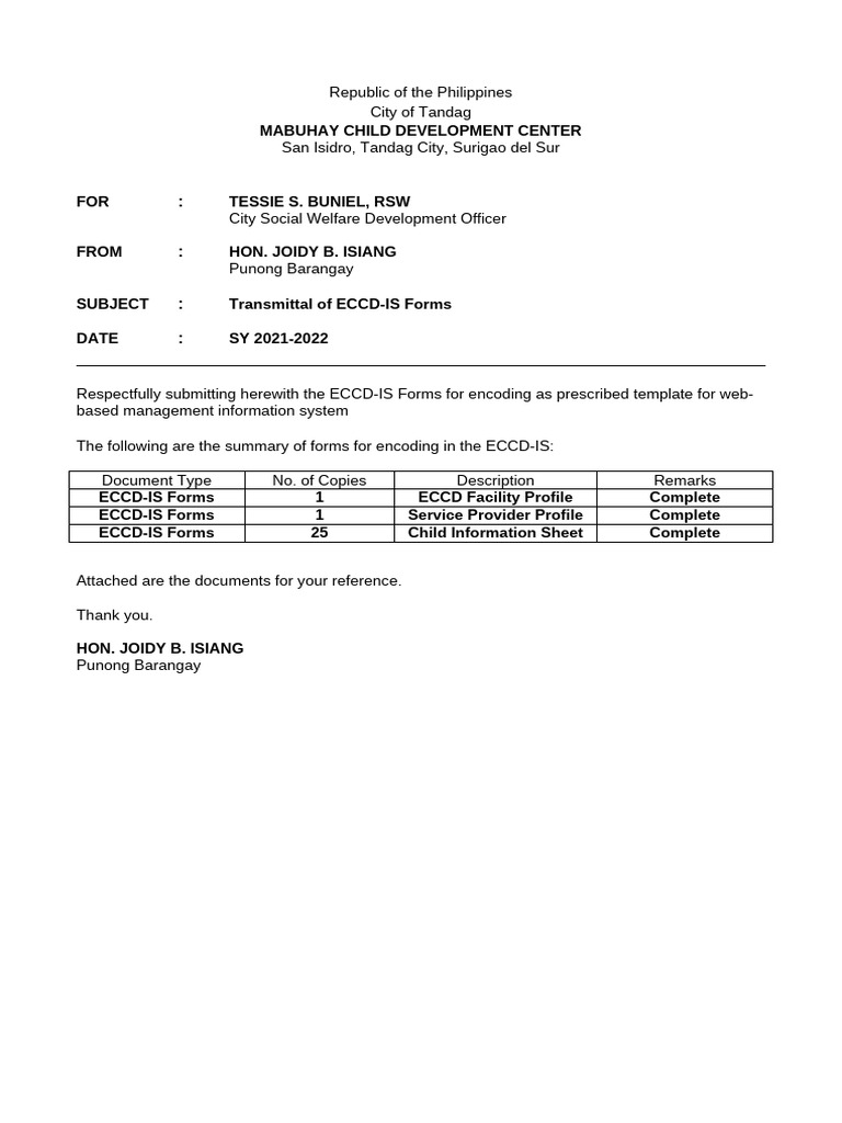 CDC CDW Transmittal of ECCD-IS Forms | PDF